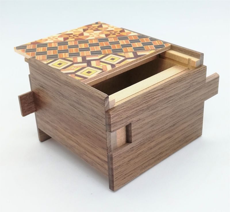 Square 12 steps Yosegi/Walnut wood Japanese puzzle box Himitsu-bako ...
